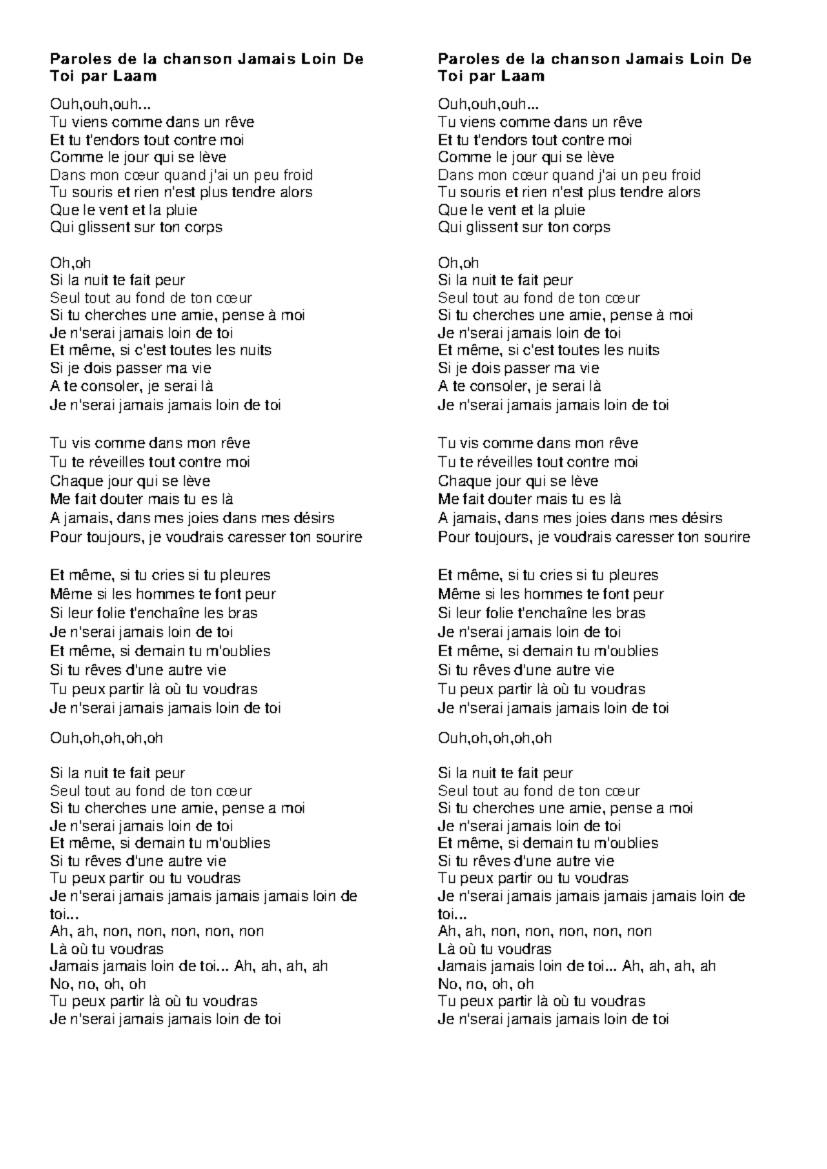 Paroles de la chanson "Jamais Loin De Toi" - Laam (Version 1) - Studocu
