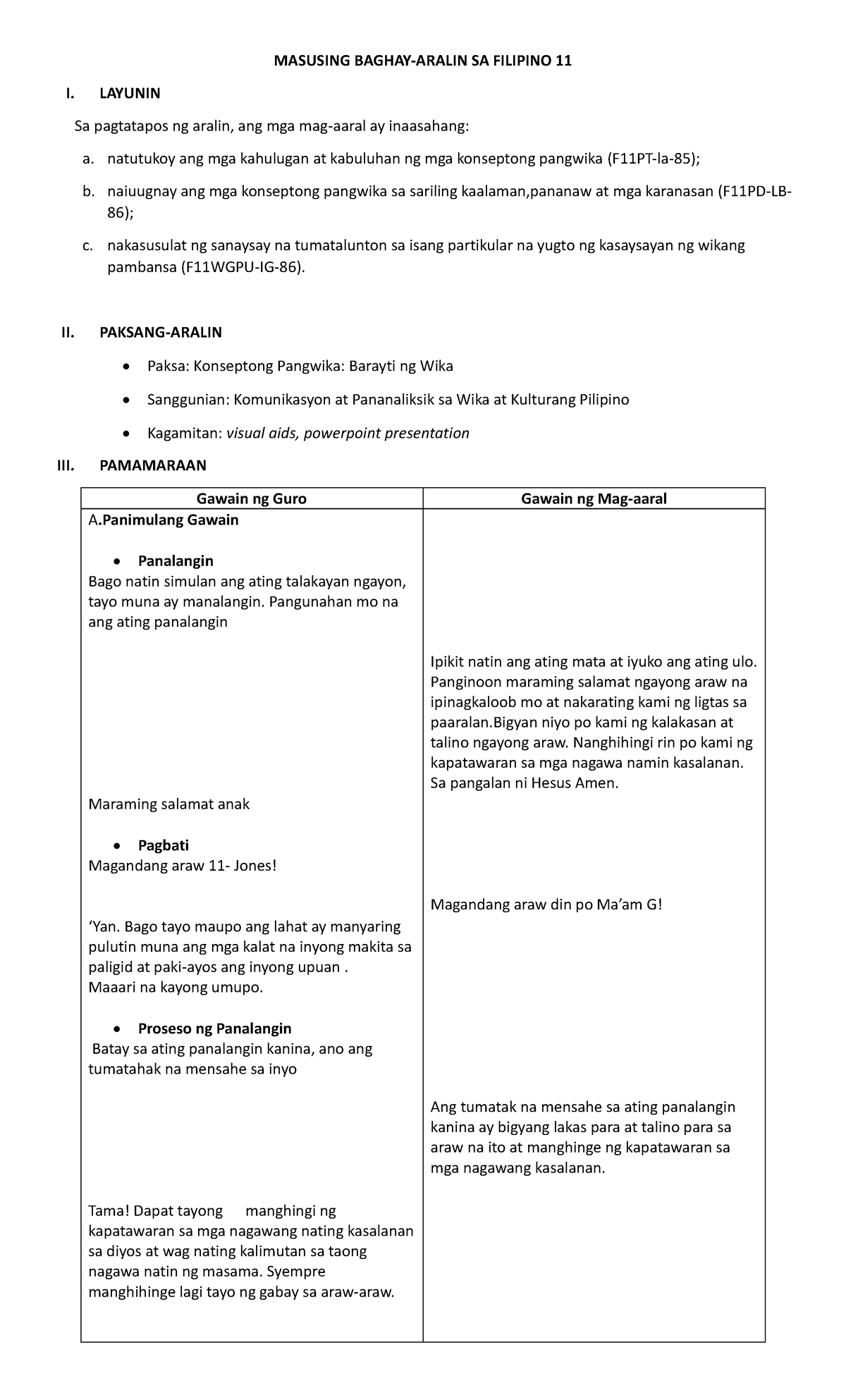 Barayti ng Wika sa Filipino 11: Final Lesson Plan - Studocu