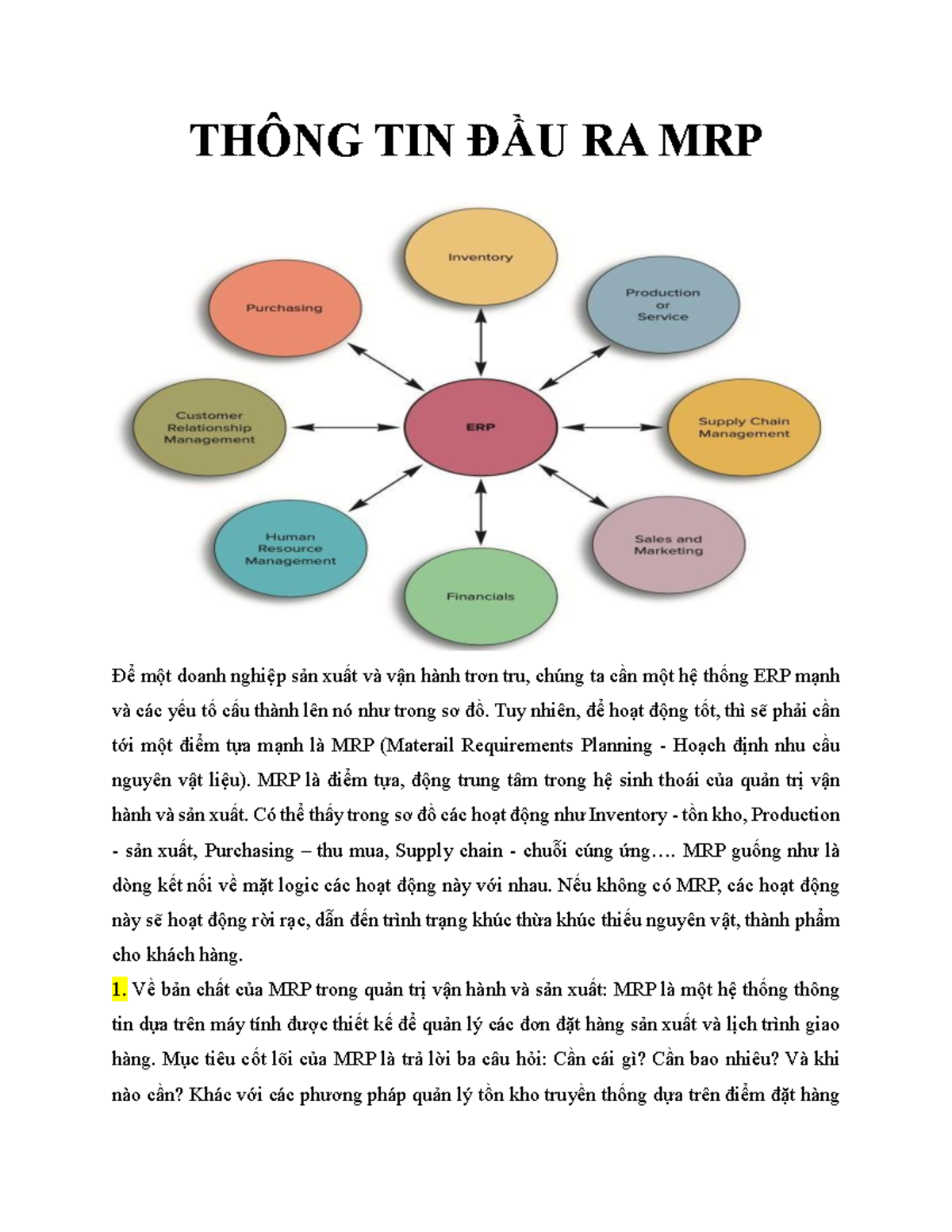 THÔNG TIN ĐẦU RA MRP TRONG QUẢN TRỊ VẬN HÀNH VÀ SẢN XUẤT - Studocu