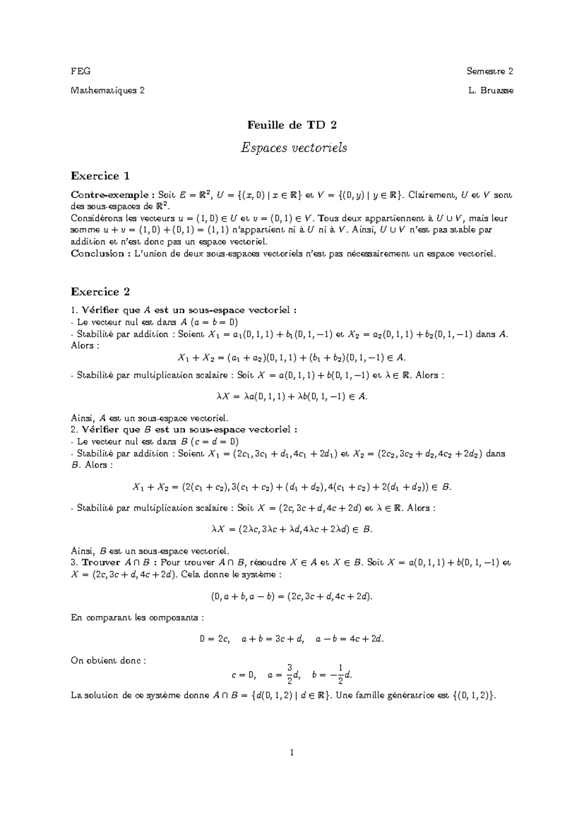 TD2-fr - Exercices sur les Espaces Vectoriels en Mathématiques - Studocu