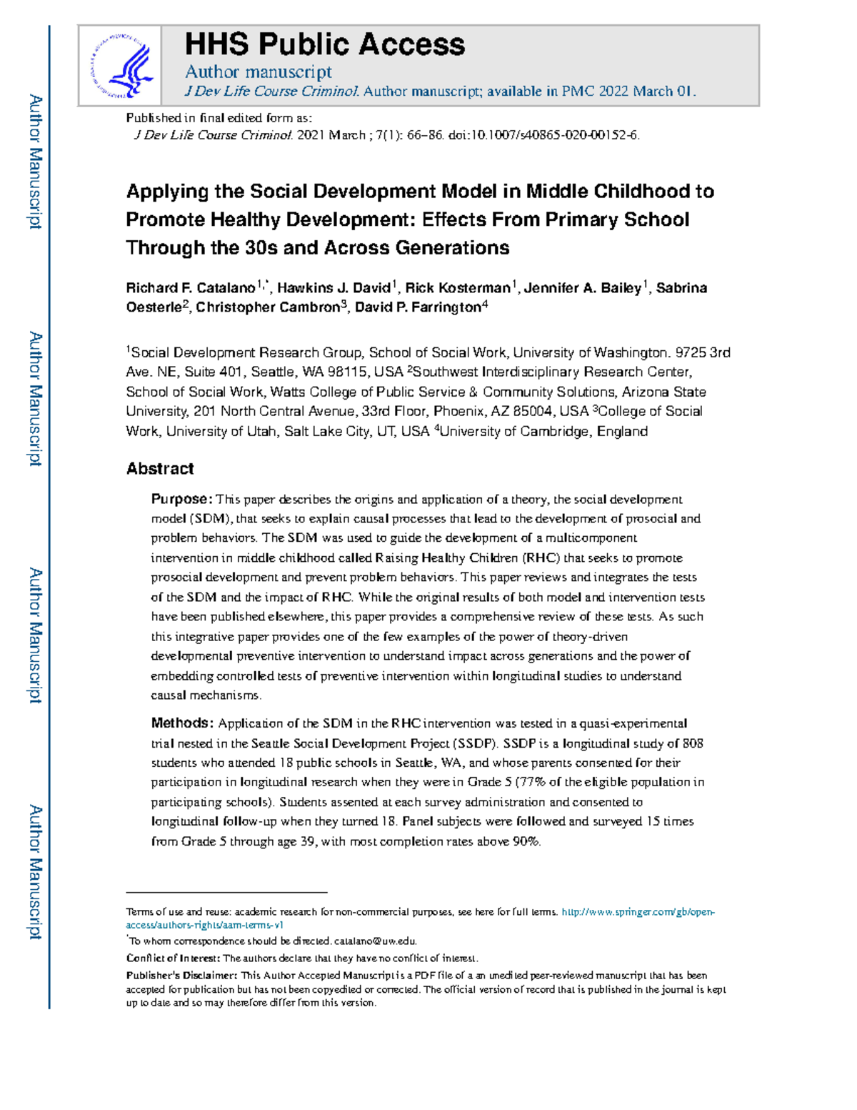 Raising Healthy Children (RHC) Program: Longitudinal Developmental ...