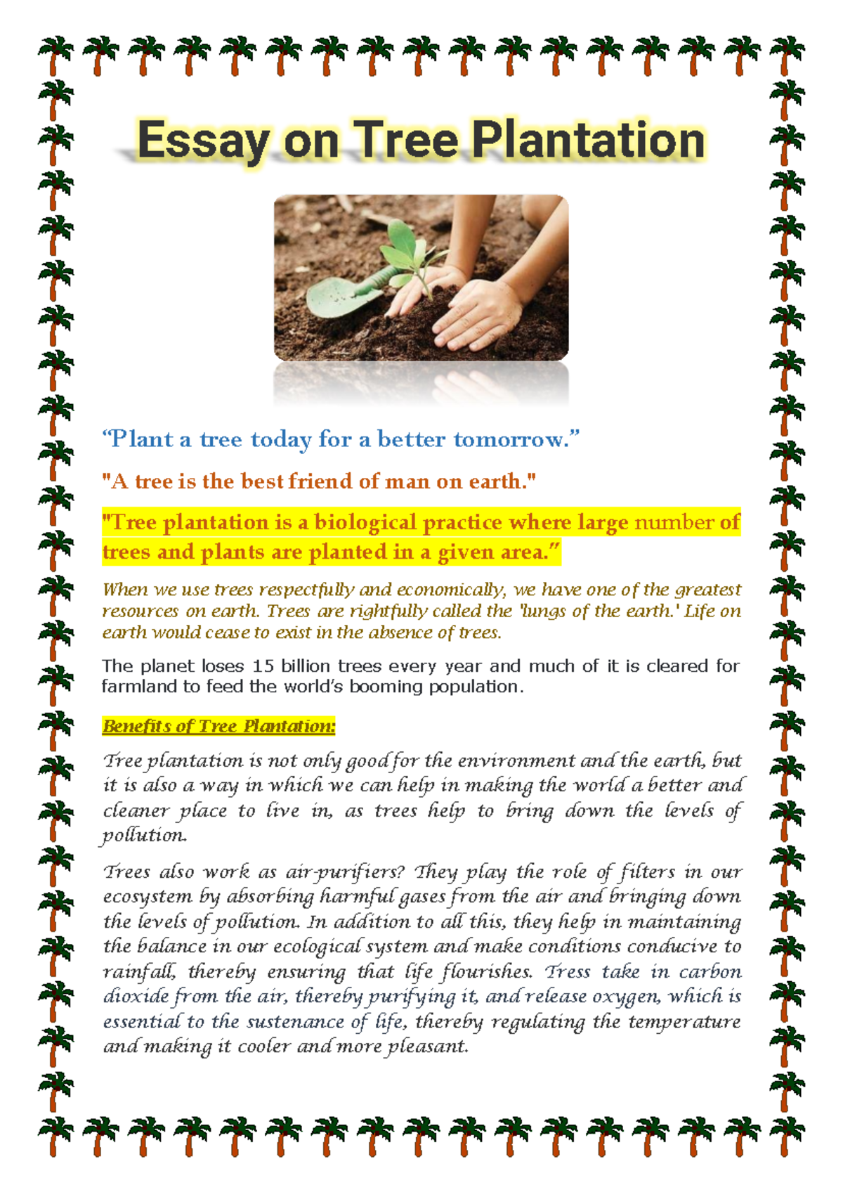 Tree plantation - Essay on Tree Plantation “Plant a tree today for a ...