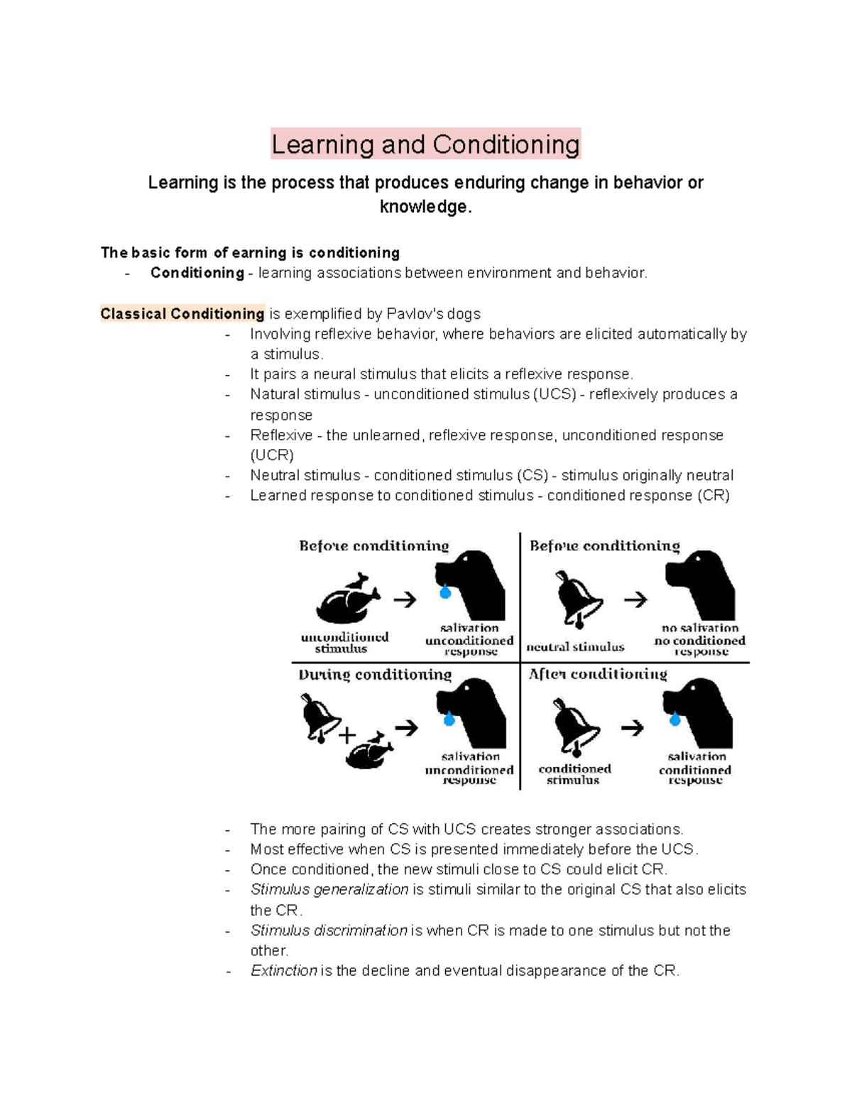 Learning and Conditioning (PSY101): Key Concepts and Theories - Studocu