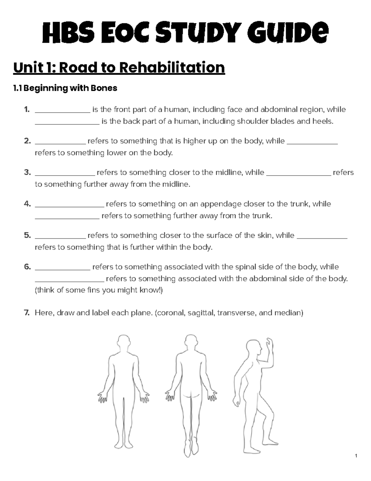 HBS EOC study guide: Unit 1 - Road to rehabilitation and anatomy - Studocu