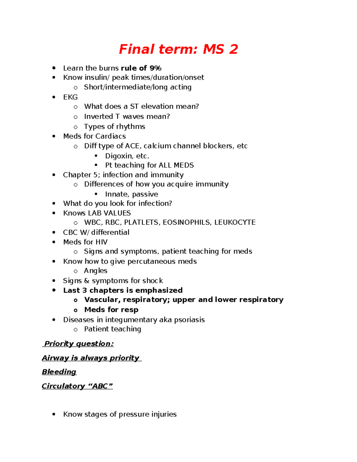 MED SURG Final Exam Study Guide - Key Concepts for Term 2 - Studocu