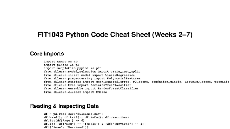 FIT1043 Python Code Cheat Sheet: Key Libraries & Functions - Studocu