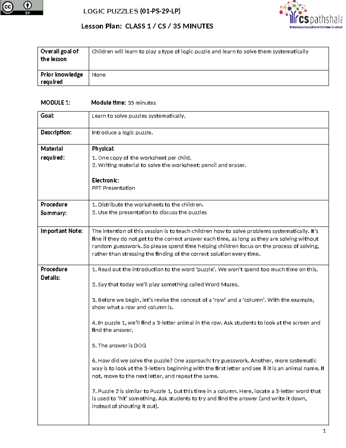 01-PS-29-LP-Logic Puzzles - LOGIC PUZZLES (01-PS-29-LP) Lesson Plan ...