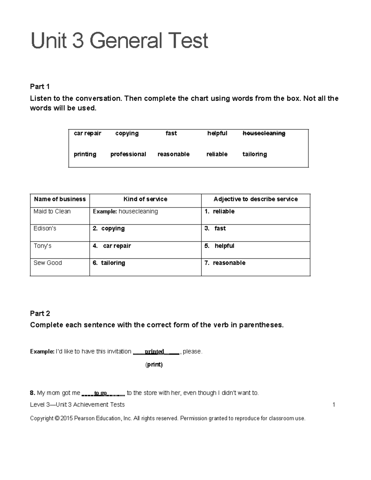 Unit 3 General Test: Listening & Verb Forms Practice - Studocu