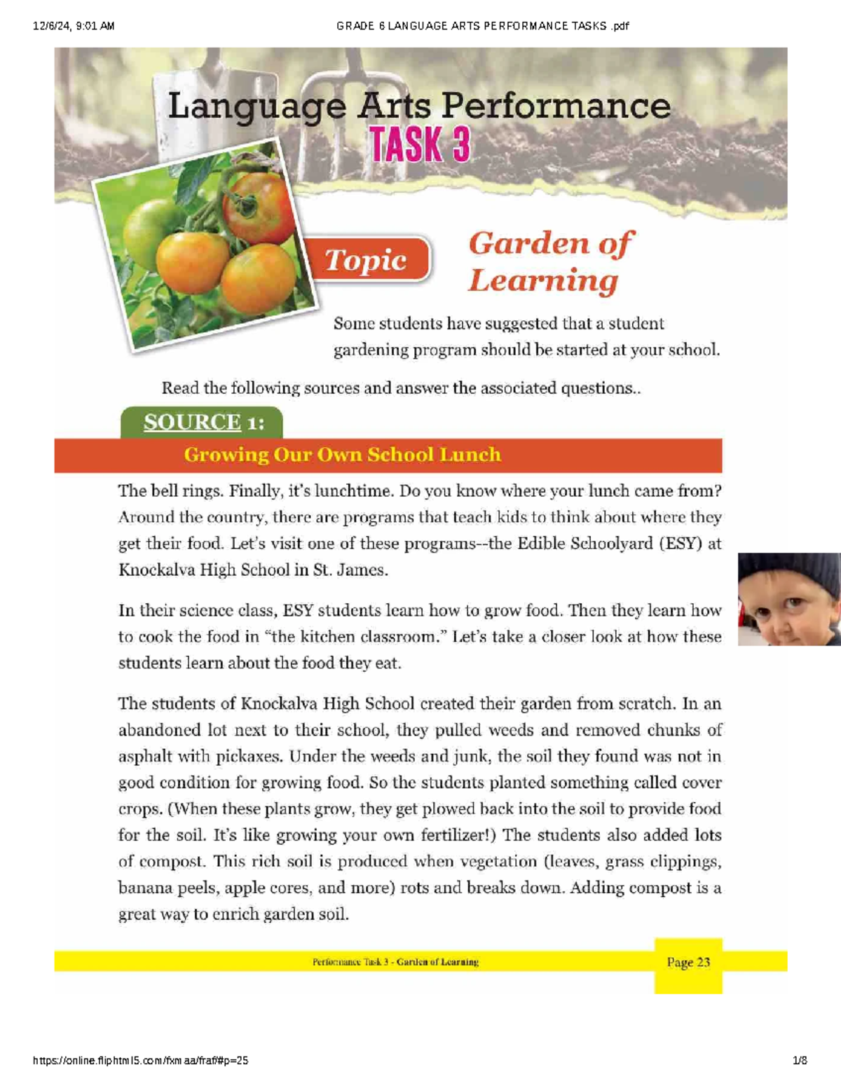 LANGUAGE ARTS PERFORMANCE TASKS GRADE 66: GARDEN OF LEARNING ESSAY ...