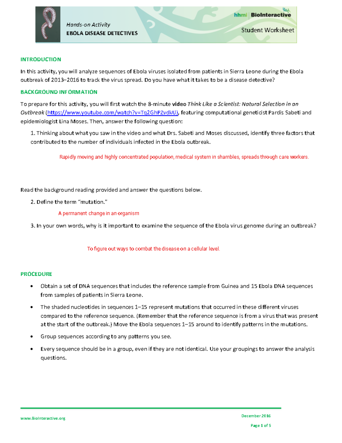 Ebola Disease Detectives - Analyzing Virus Sequences: Student Worksheet ...
