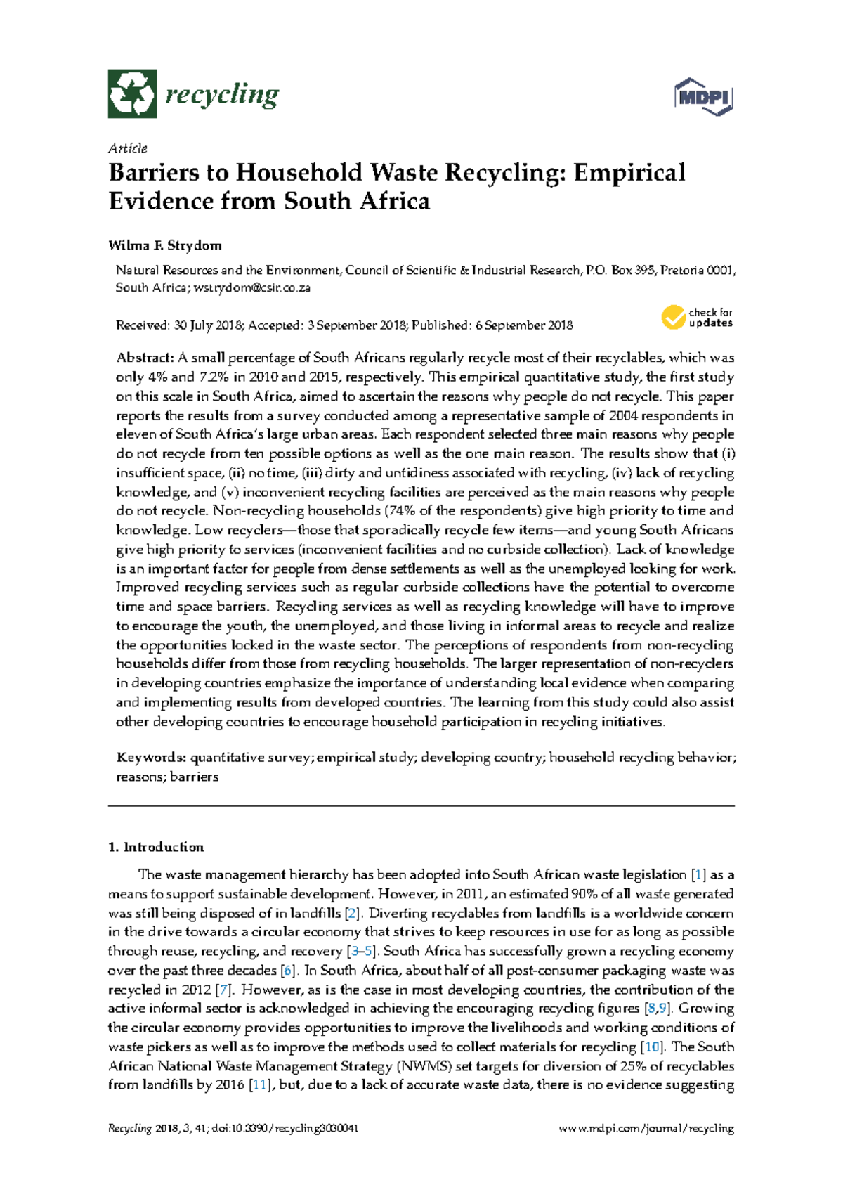 Barriers to Household Waste Recycling in South Africa: An Empirical ...