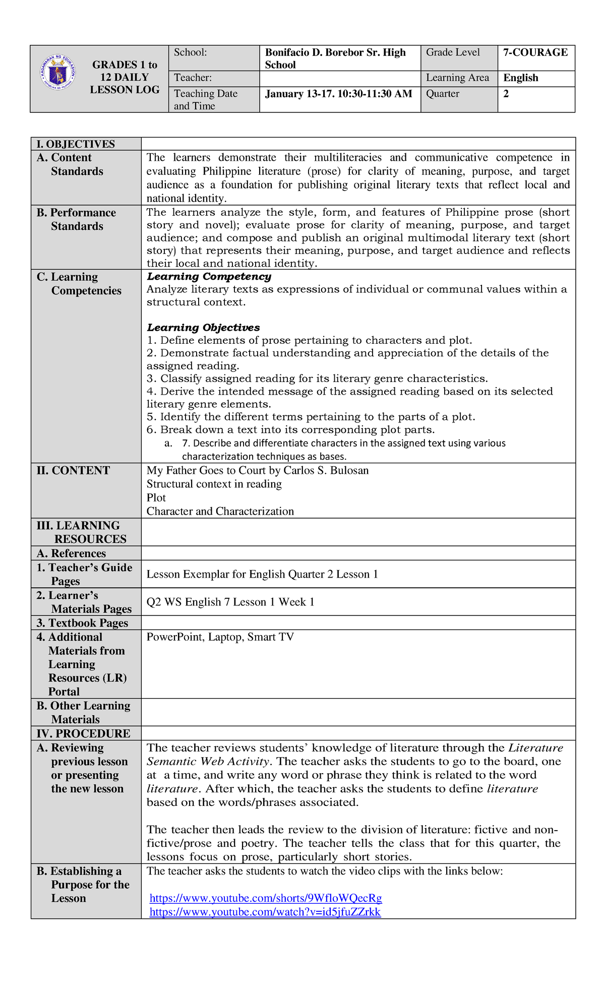 Bsbshs-Q2-WEEK-1- Lesson-PLAN English - I. OBJECTIVES A. Content ...