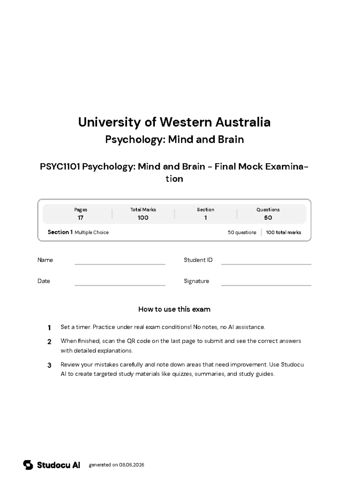 PSYC1101 Psychology: Mind and Brain - Final Mock Exam - Studocu