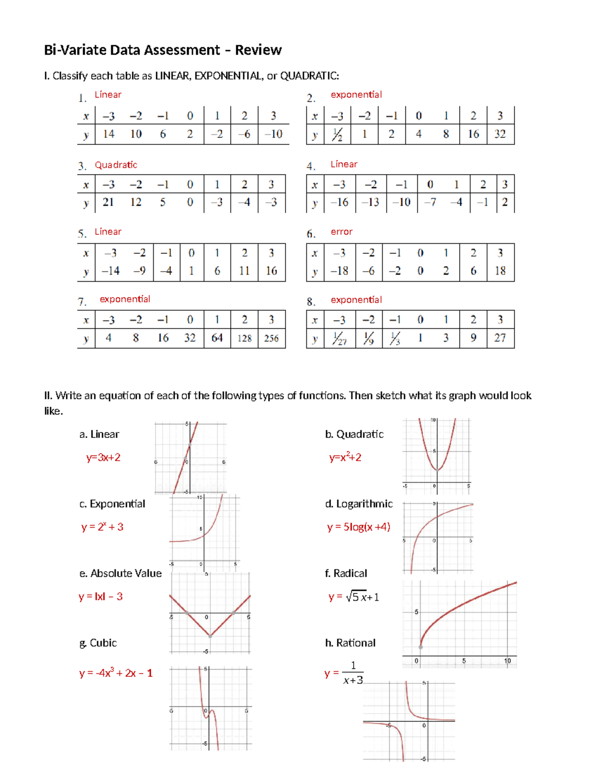 Bi-Variate Data Assessment Review Key - Bi-Variate Data Assessment ...