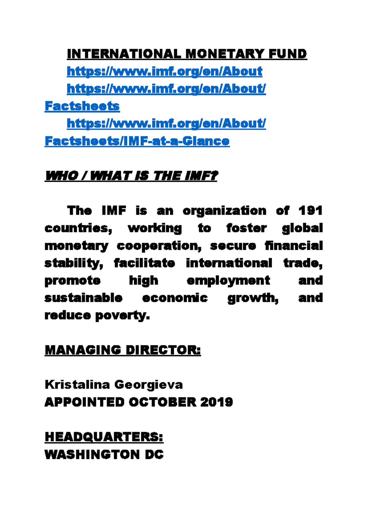 IMF History Notes 2025: Understanding the Organization's Role - Studocu