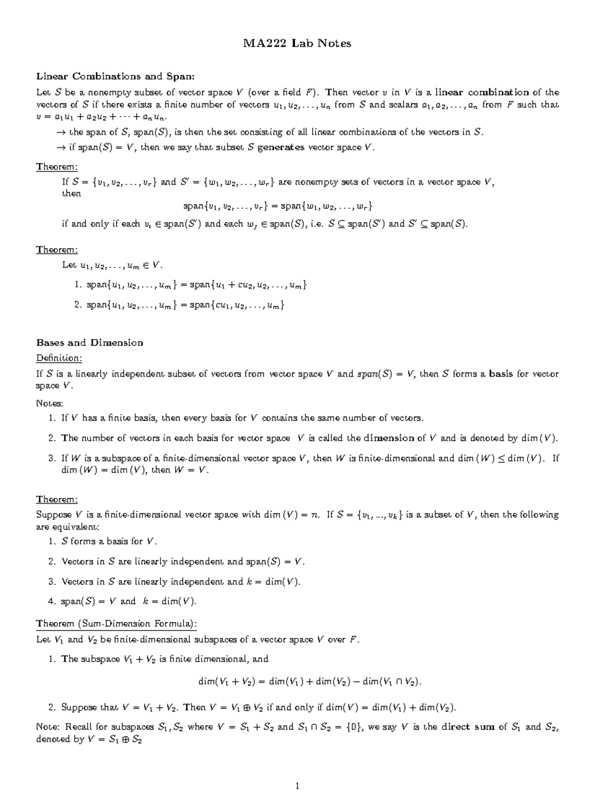 MA222 Lab 3 Notes: Linear Combinations and Span in Vector Spaces - Studocu