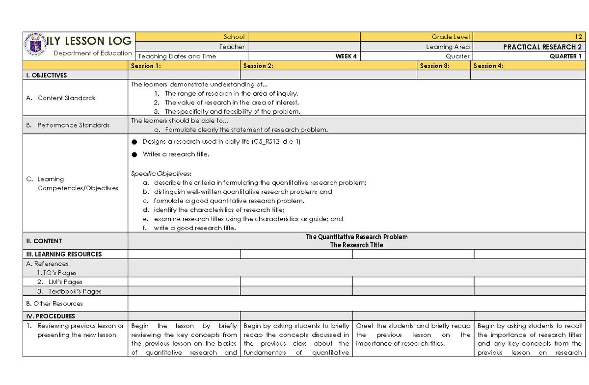 Practical Research 2: Daily Lesson Log for Quarter 1, Week 4 - Studocu