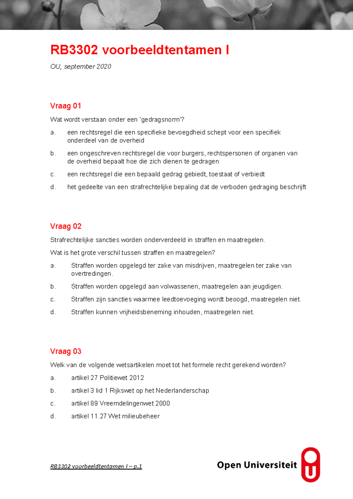 RB3302 voorbeeldtentamen 1 - een rechtsregel die een specifieke ...