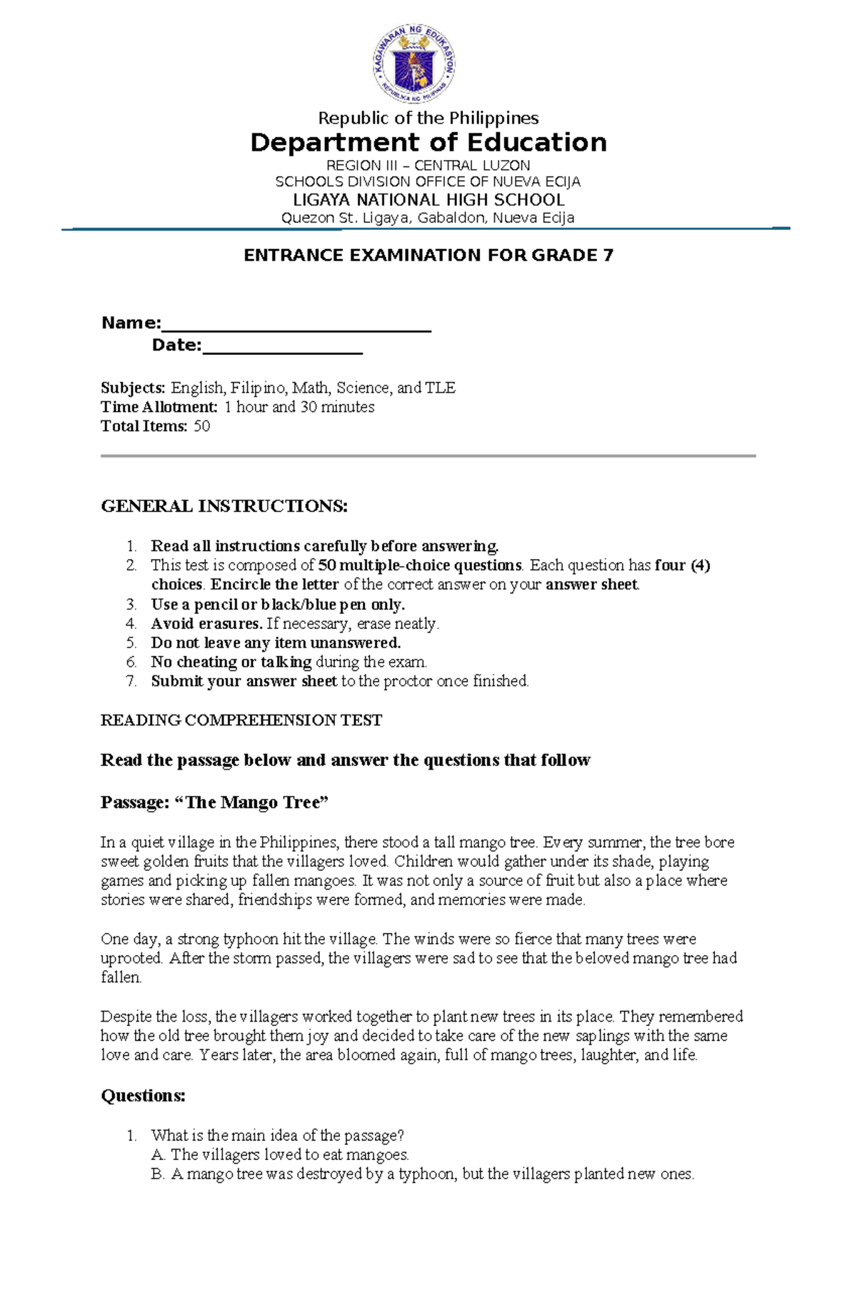 Entrance Exam for Grade 7 - Subjects: English, Filipino, Math, Science ...