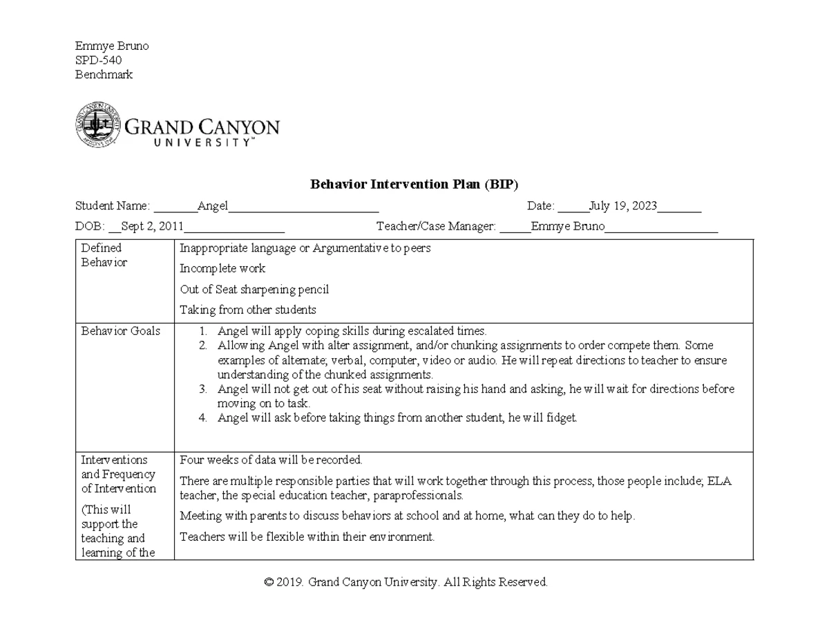 SPD-540 Behavior Change Proposal for Student Angel's Interventions - Studocu