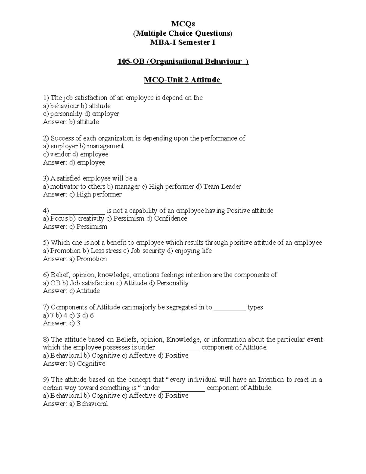 2 MCQ-OB Unit 2 -Attitude 18 Questions - MCQs (Multiple Choice ...