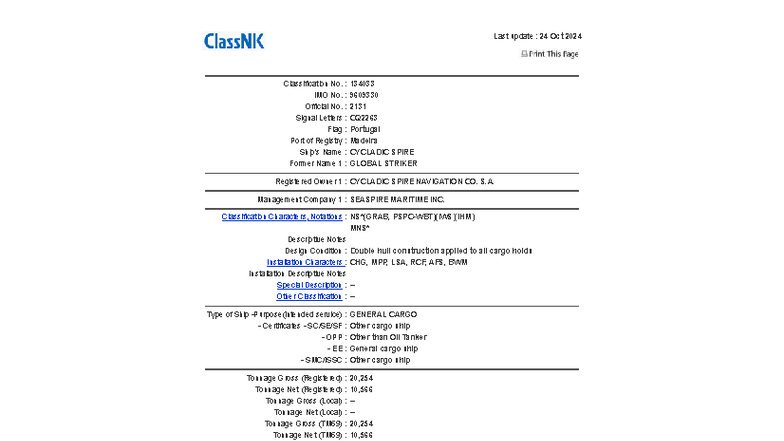 Class NK Register of Ships - M S Cycladic Spire (CNo 134033) - Studocu