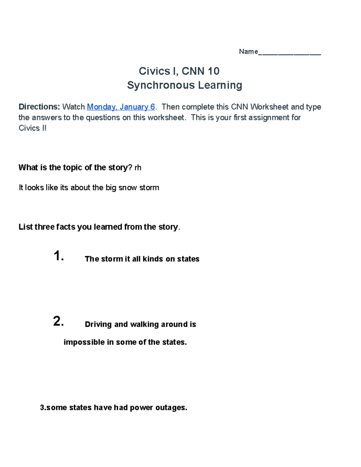 Civics I, CNN 10 Synchronous Learning-1 - Name________________ Civics I ...