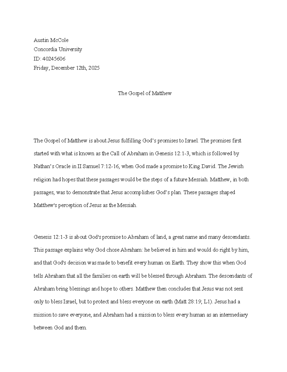 The Gospel of Matthew: Promises to Israel - Final Essay - Studocu