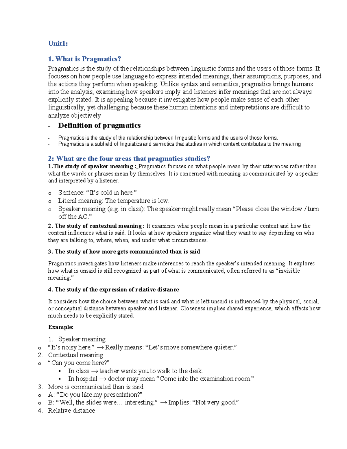 Unit 1: Introduction to Pragmatics and Its Key Concepts - Studocu