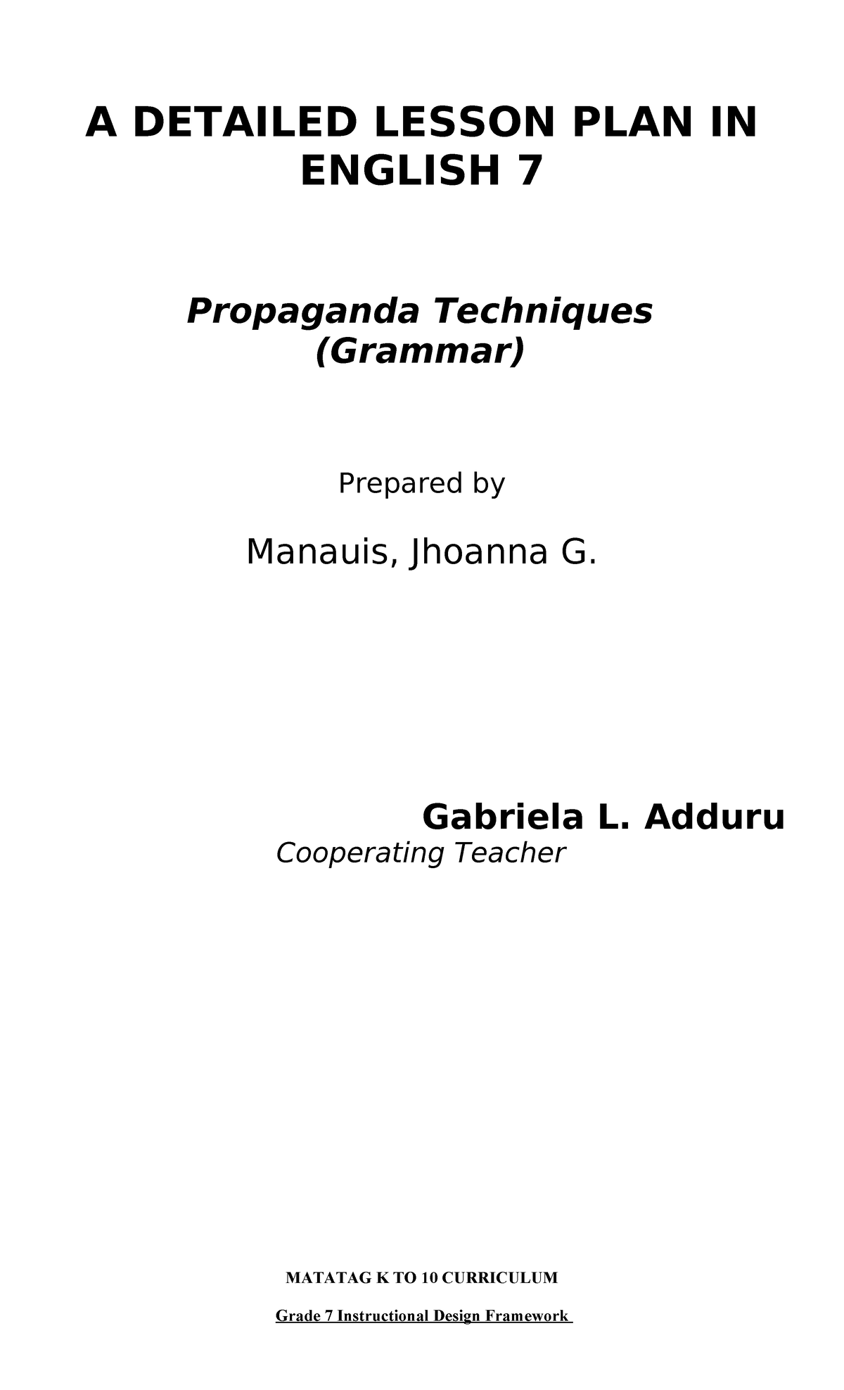 Lesson Plan for Grade 7 - Propaganda Techniques (ENGLISH 7) - Studocu