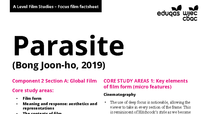 A Level Film Studies Focus: Parasite (Bong 2019) Film Analysis ...