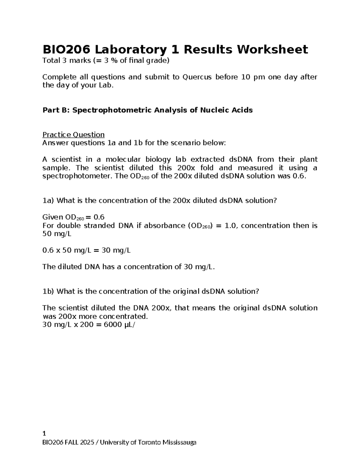 BIO206 Lab 1 Results: Spectrophotometric Analysis of dsDNA - Studocu
