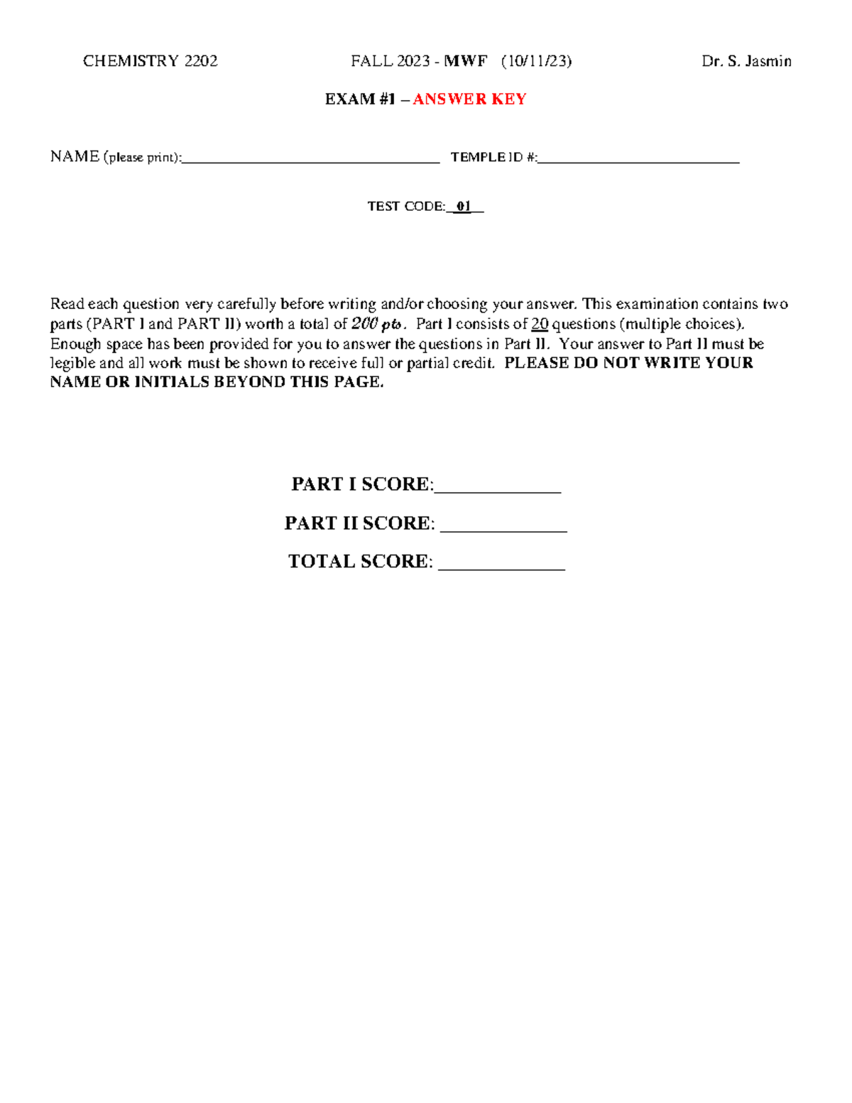 CHEM 2202 Fall 2023 Exam 1 Practice Questions & Answer Key - Studocu