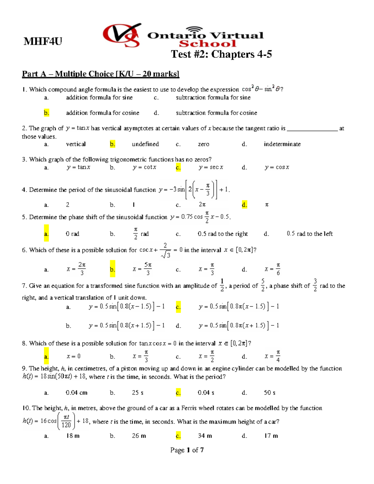 MHF4U Unit 2 Practice Test Solutions: Chapters 4-5 Review - Studocu