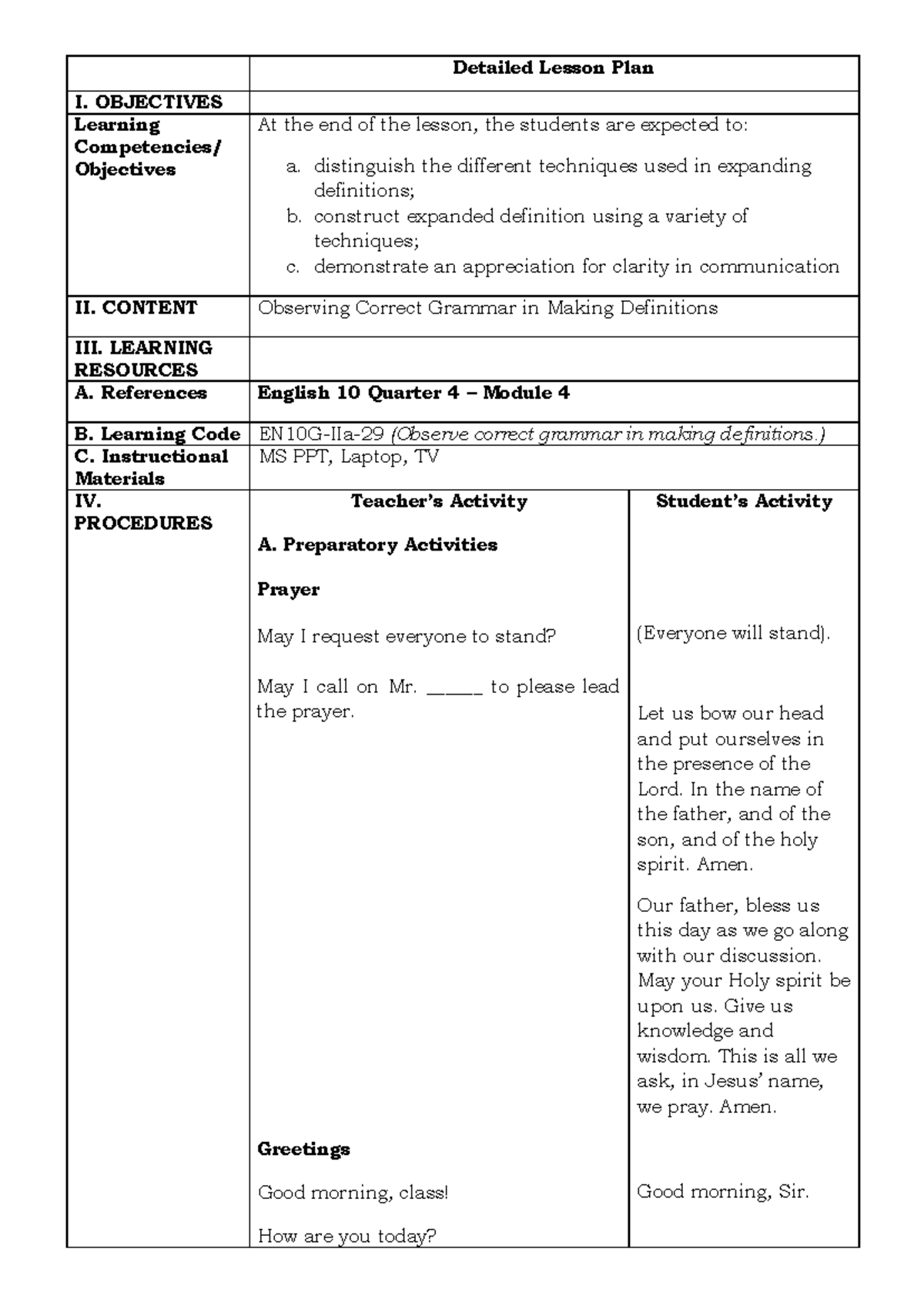 Grade 10 DLP: Expanded Definitions Lesson Plan and Activities - Studocu