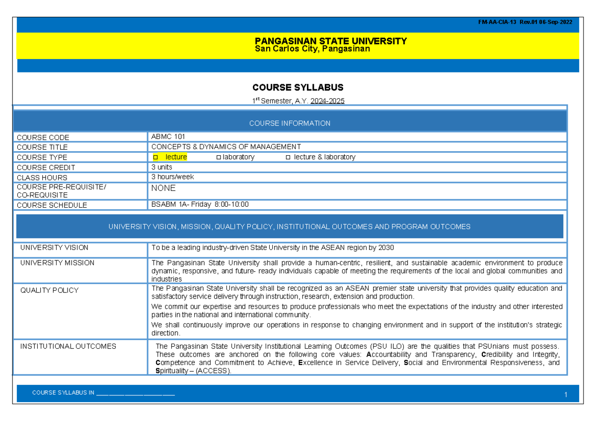 ABMC 101 Course Syllabus: Concepts & Dynamics of Management - Studocu