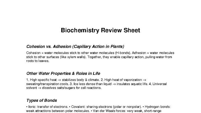 Biochem Review Sheet: Cohesion, Adhesion & Water Properties - Studocu