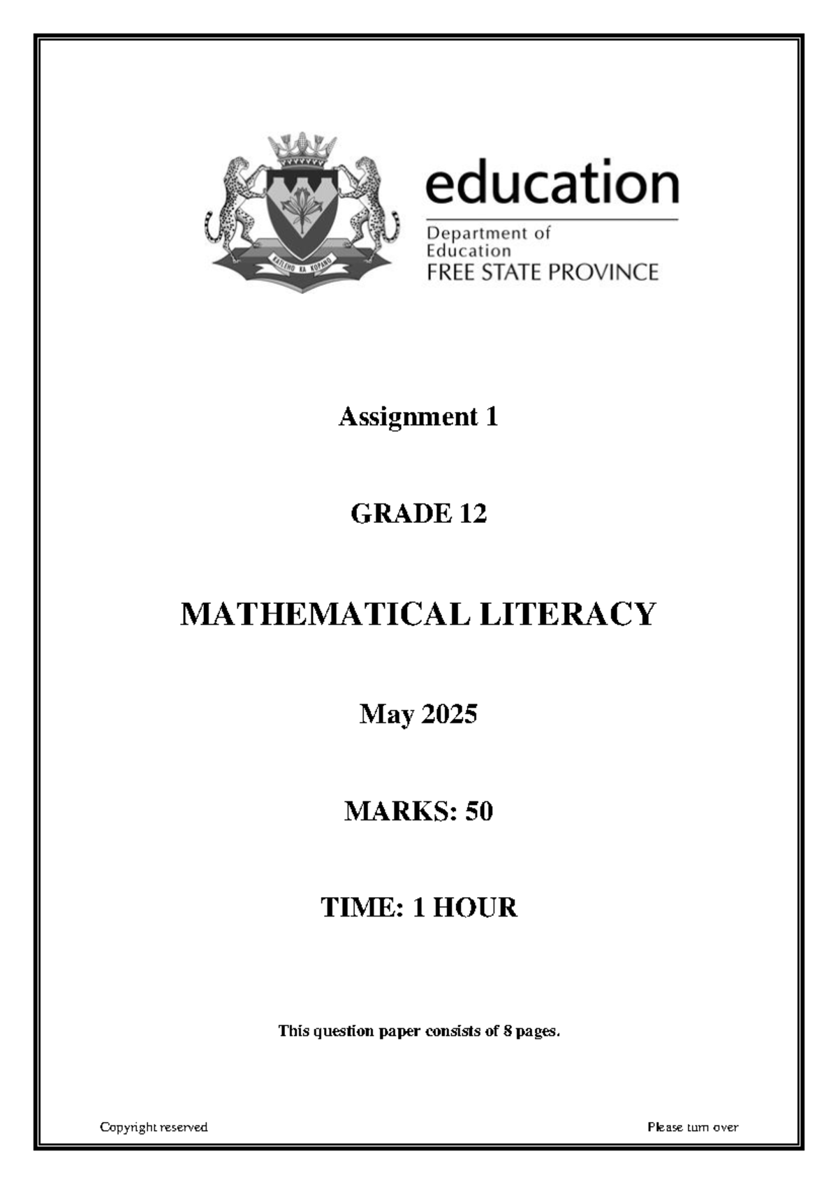 Grade 12 Mathematical Literacy Assignment 1 - Term 2 2025 - Studocu