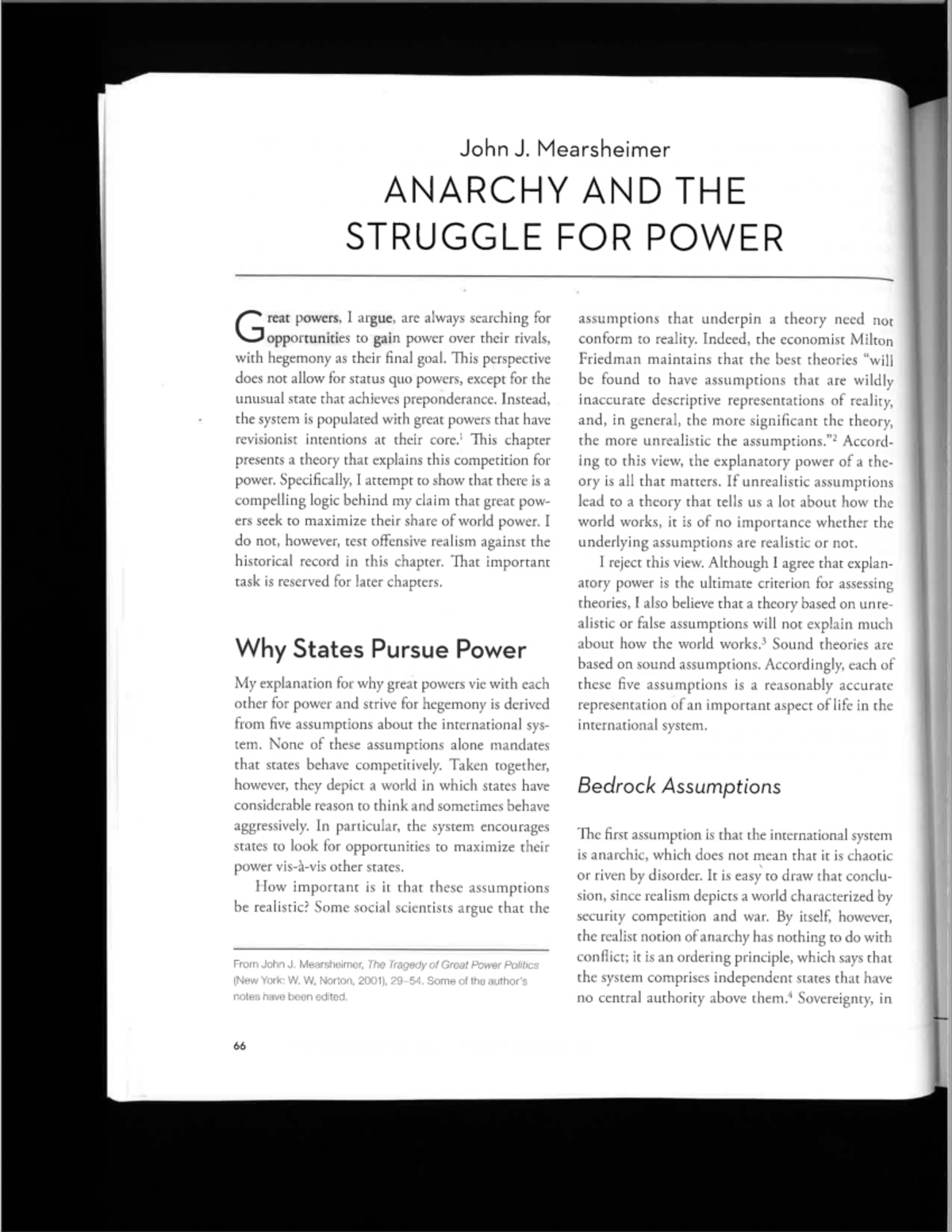 Final Exam Study Guide for Course XYZ: Mearsheimer's Anarchy and Power ...