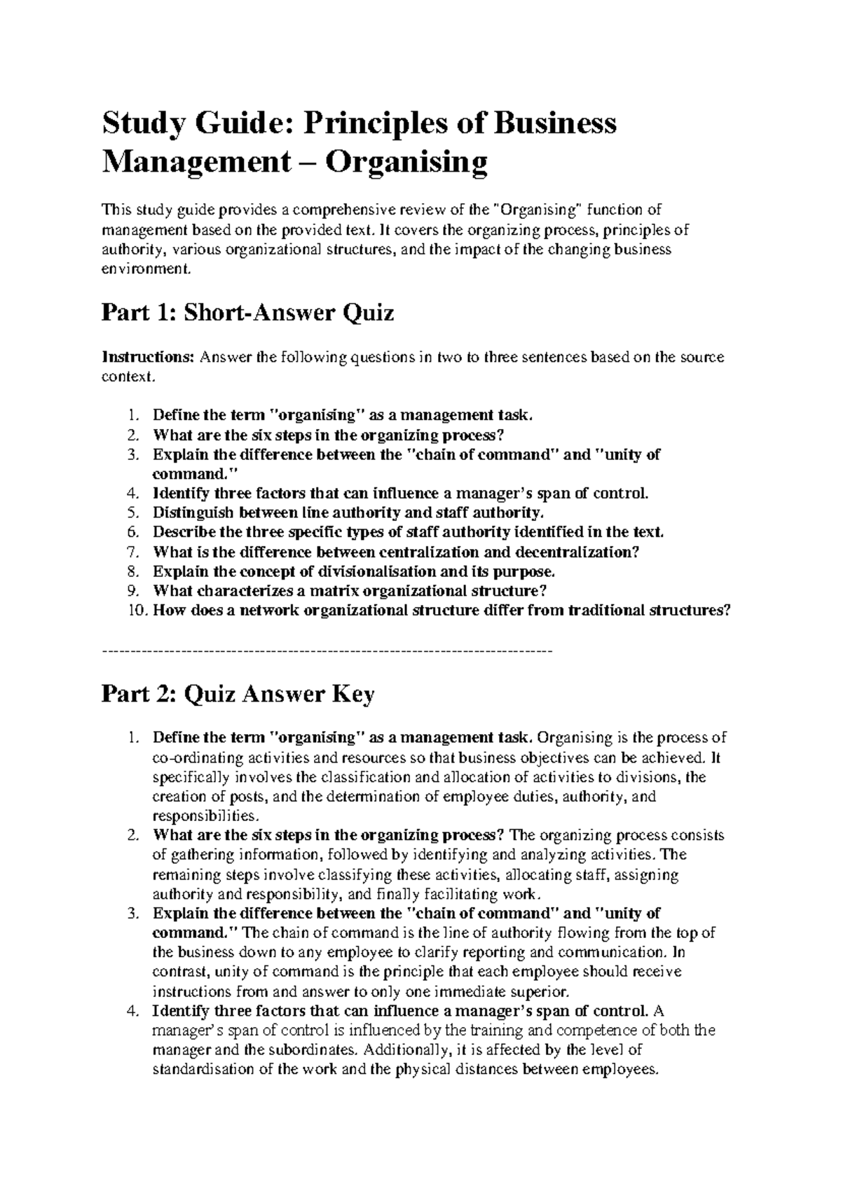 Organising Study Guide: Principles of Business Management (BM101) - Studocu
