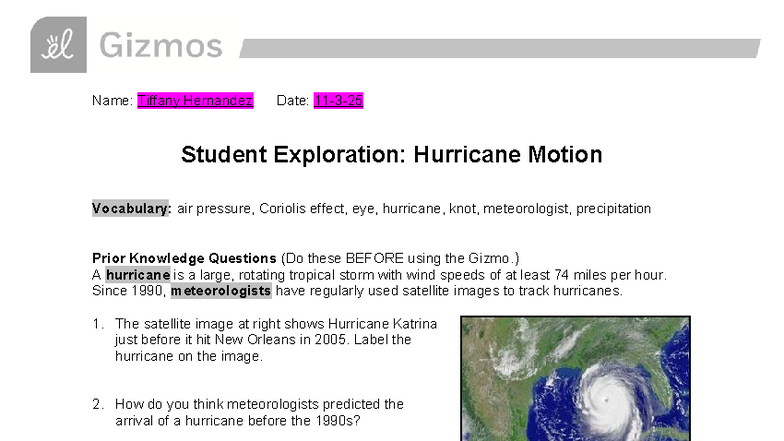 Hurricane Motion SE: Student Exploration Worksheet - Studocu