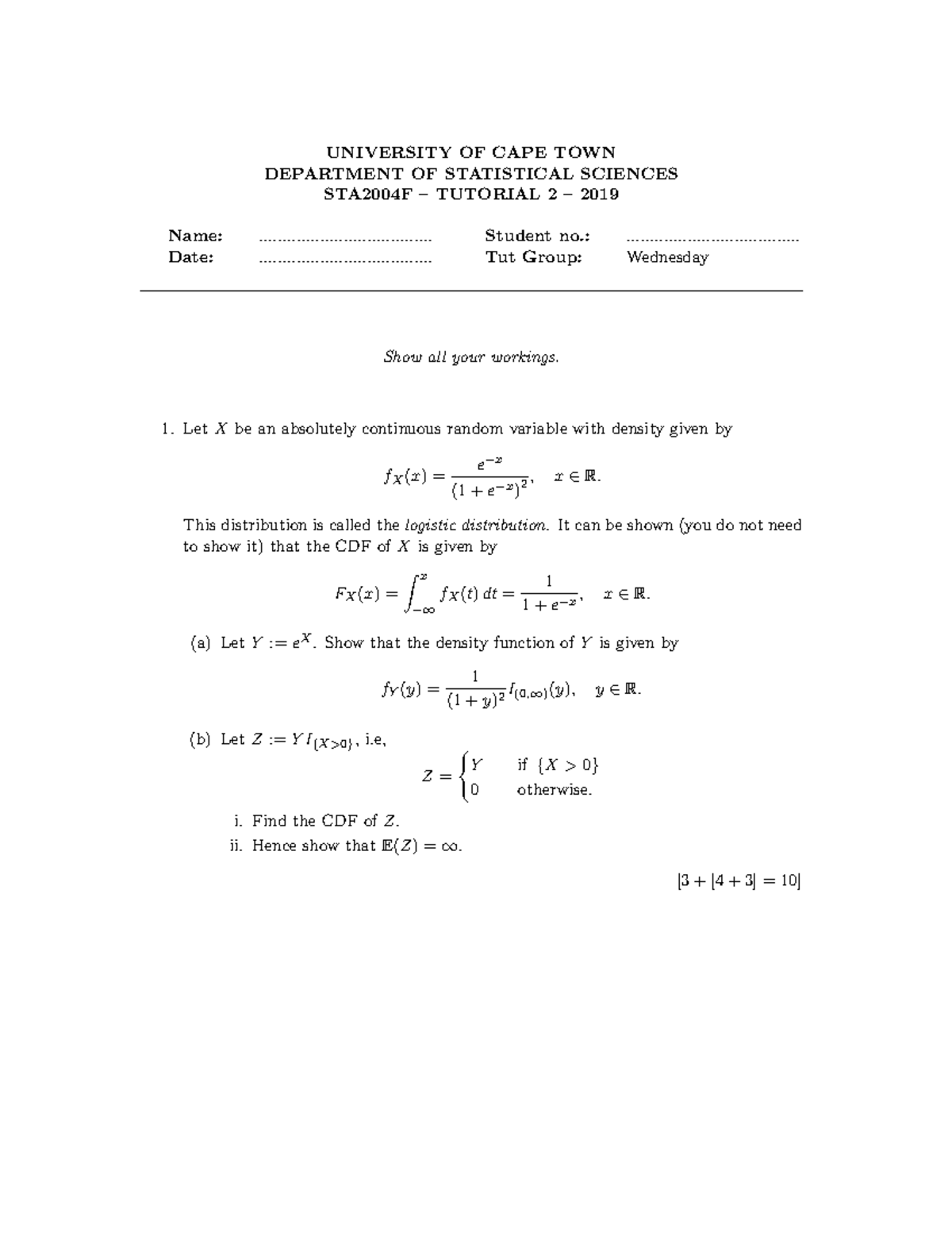 STA2004F Tutorial 2 Solutions - Statistical Sciences 2019 - Studocu
