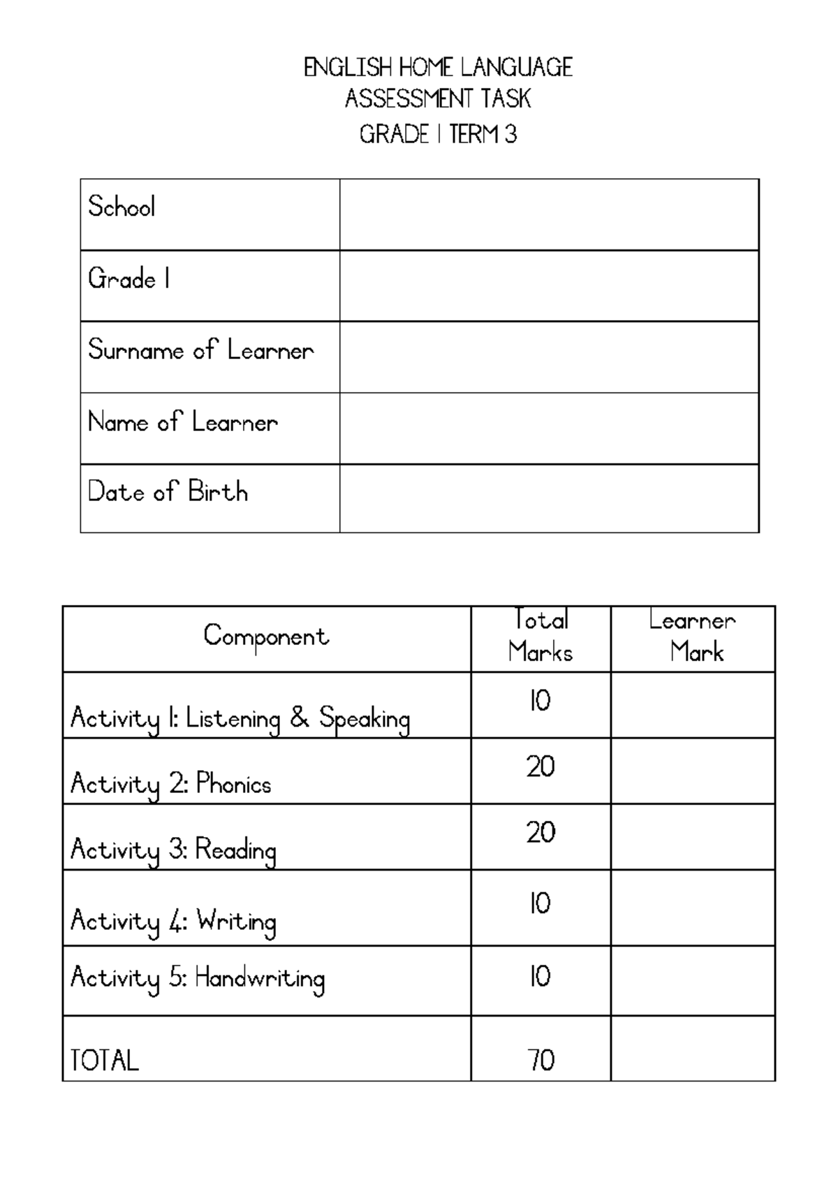 Assessment Task: English Home Language Grade I Term 3 - Studocu