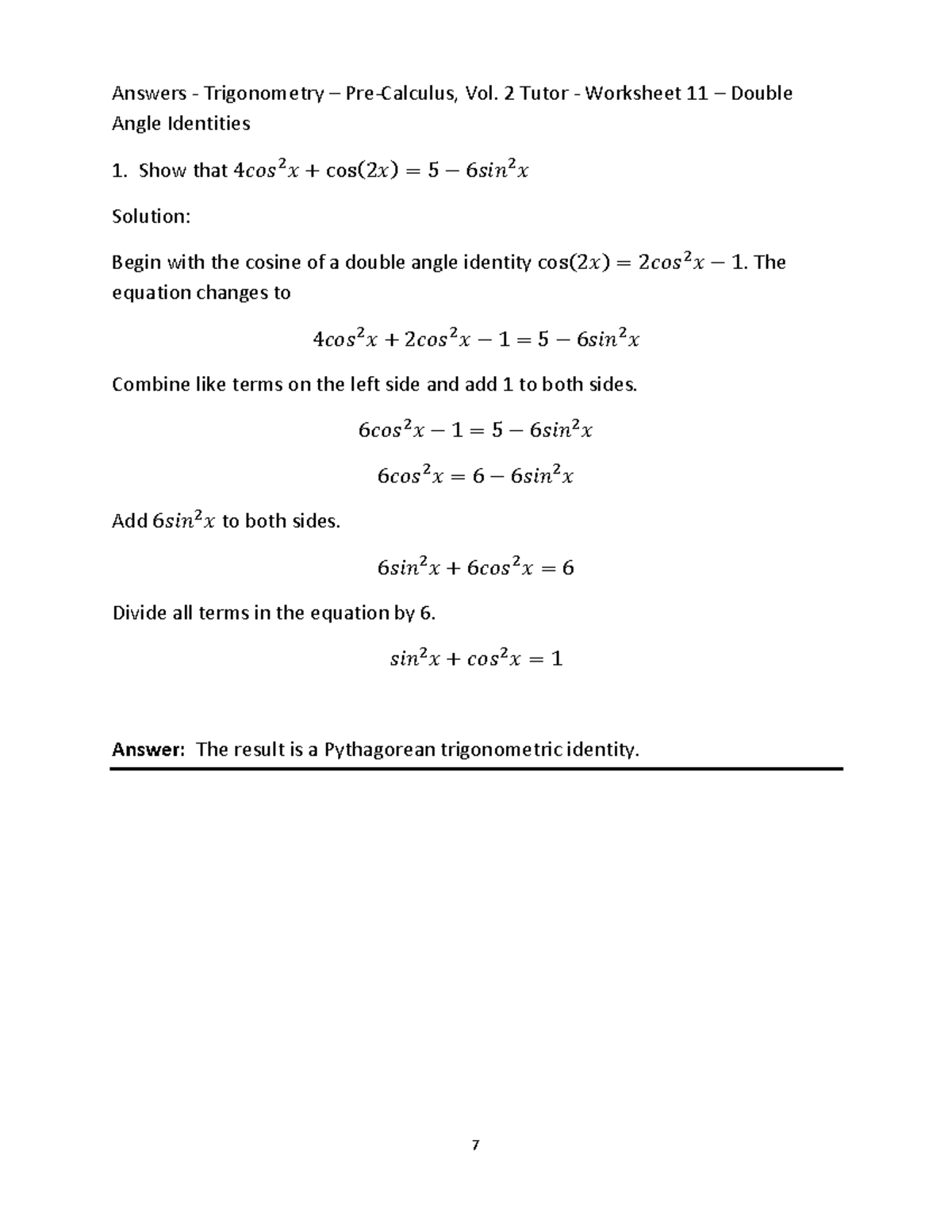 Double+Half Angle Identities.2 Key - Answers - Trigonometry – Pre ...