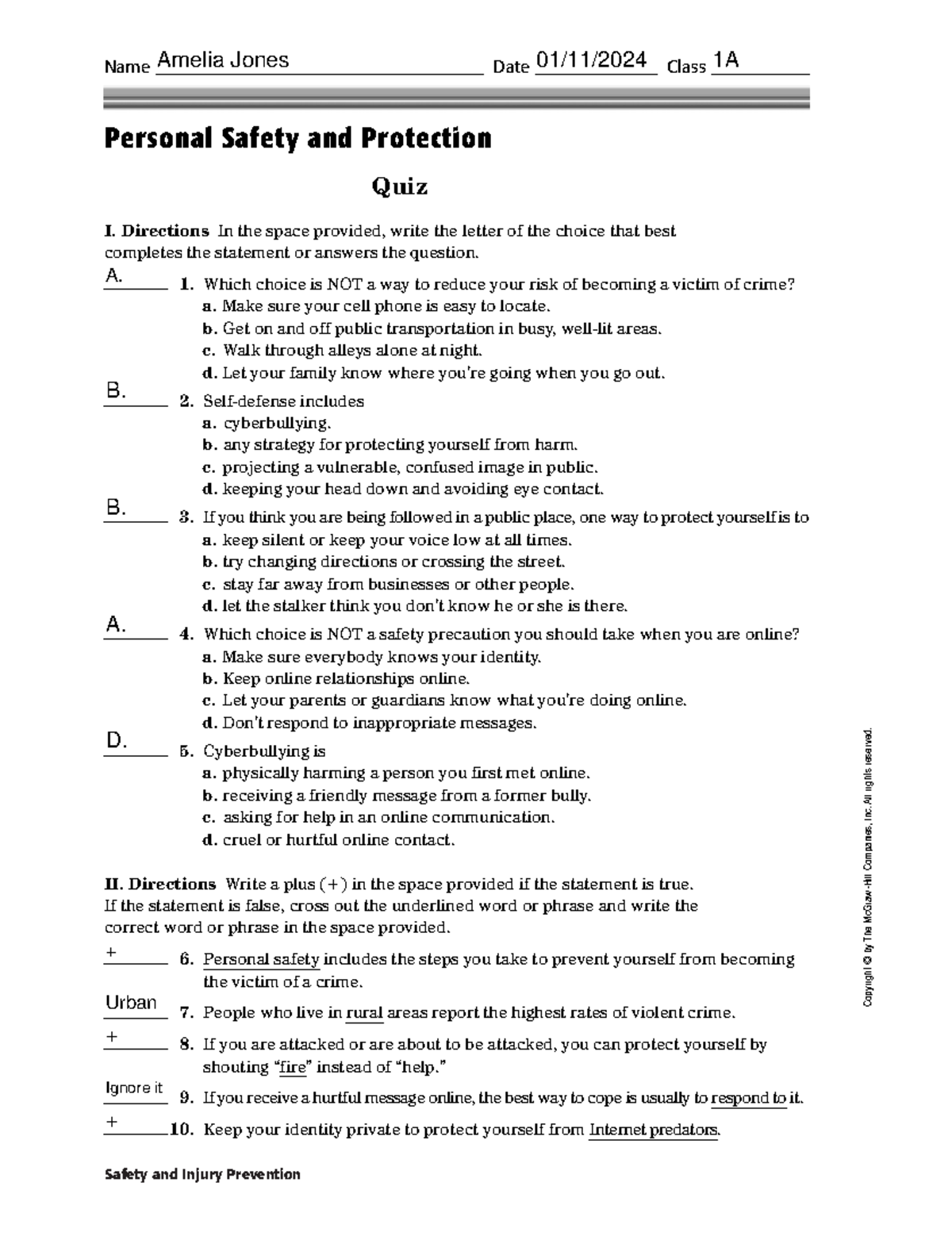 Personal Safety Quiz - McGraw-Hill Assignment - Studocu