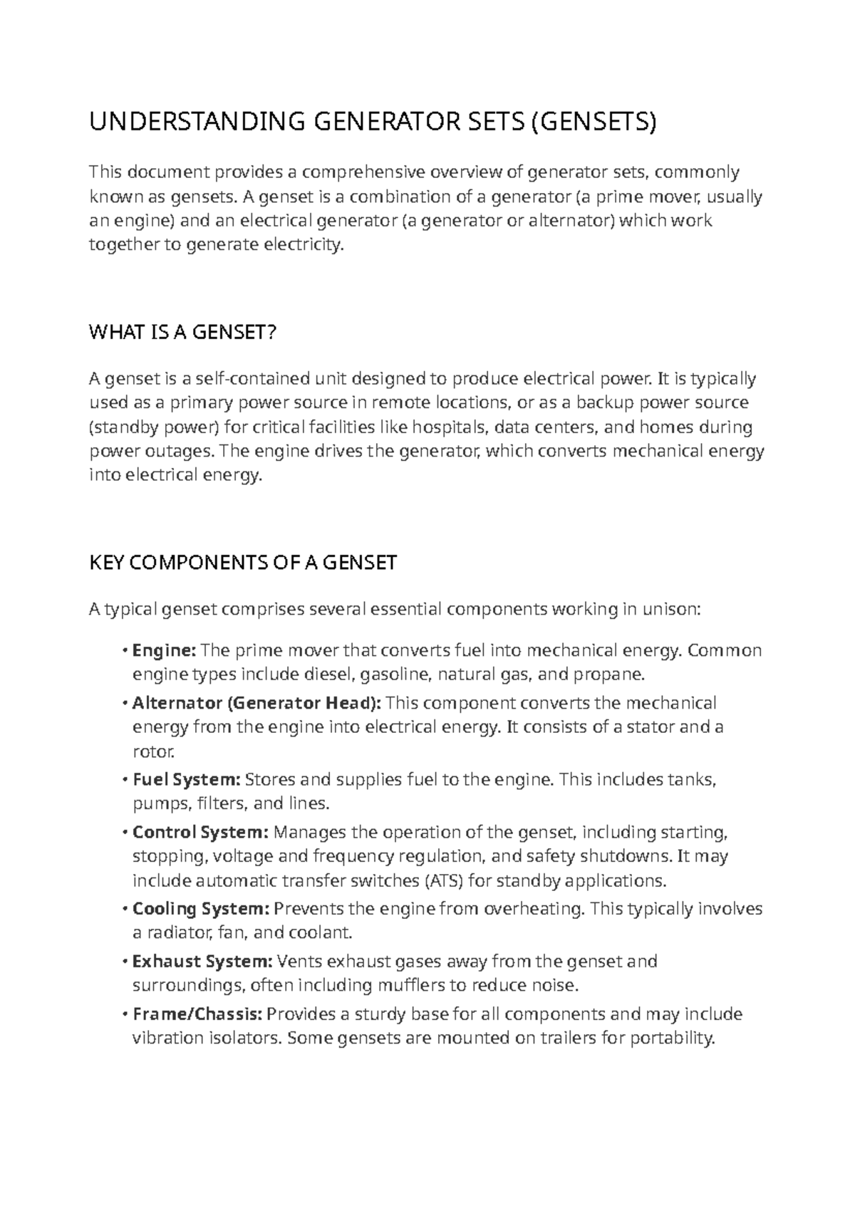 GENSETS Overview: Key Components & Applications Summary - Studocu