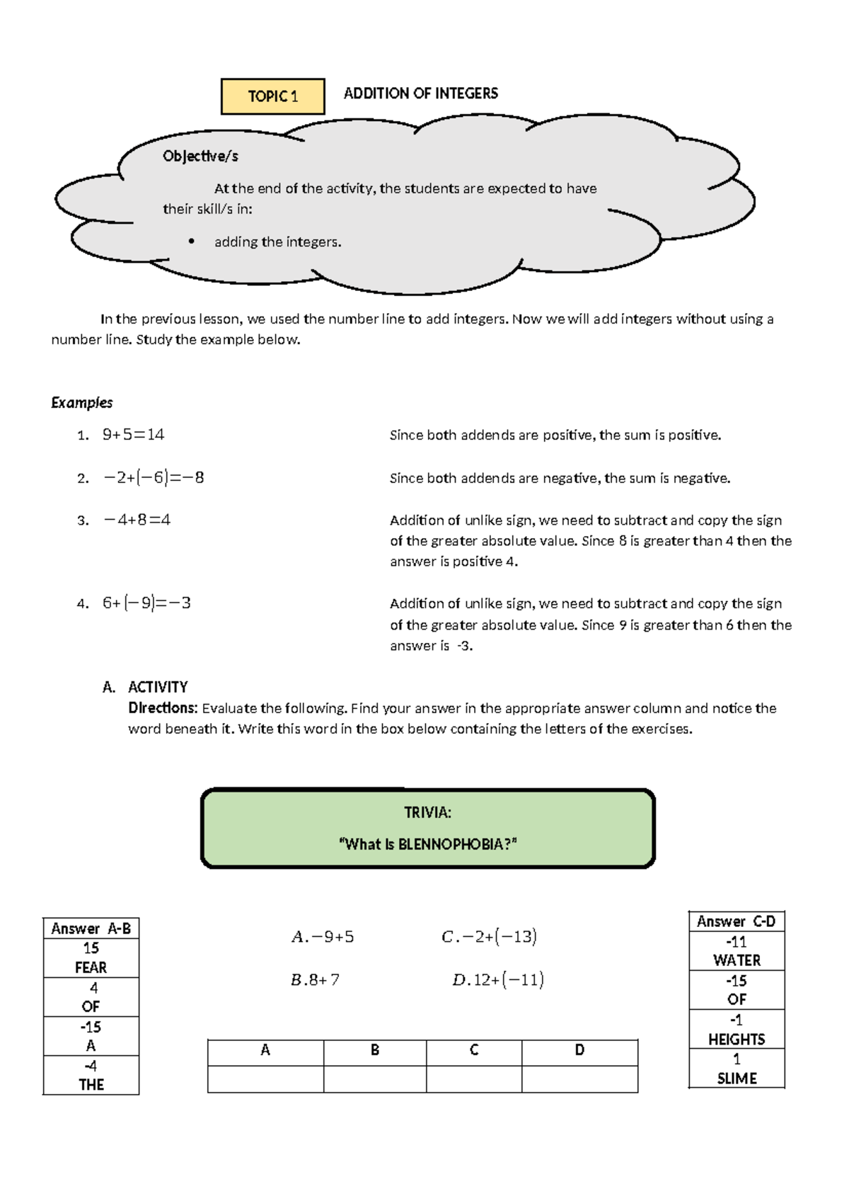 MATH 101: Addition of Integers - Topic 1 Activities and Examples - Studocu