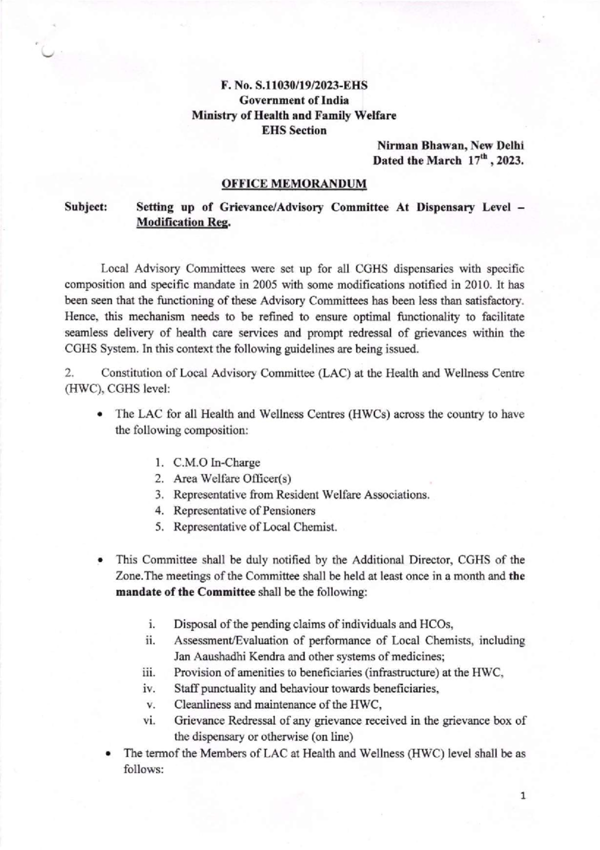 Office Memorandum: Guidelines for Grievance Advisory Committee Setup ...