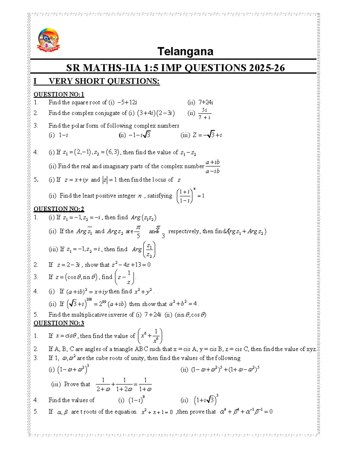 TS SR Maths IIA Important Questions for 2025-26 - Studocu