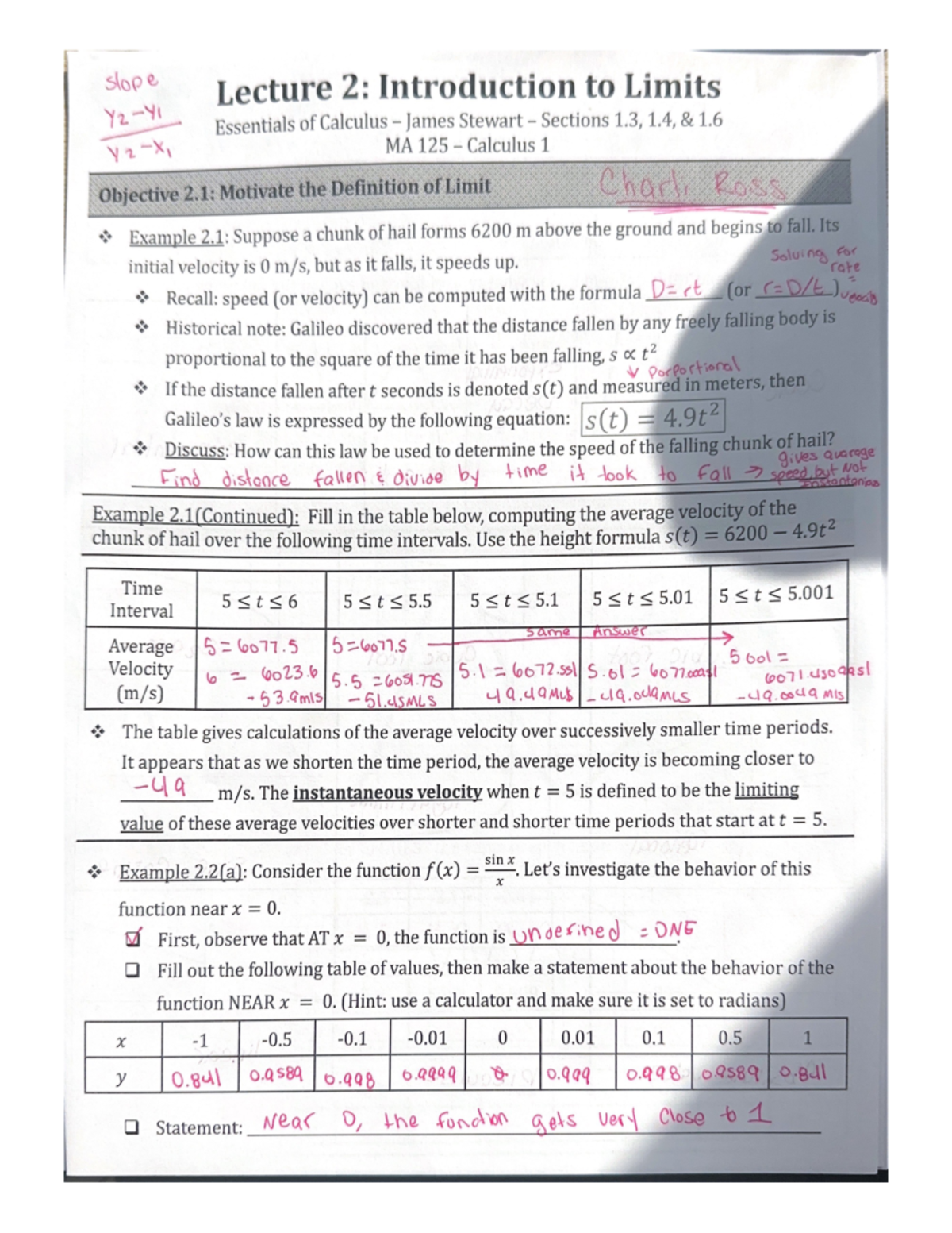 Calc Lecture 2 notes - slope Lecture 2: Introduction to Limits ...